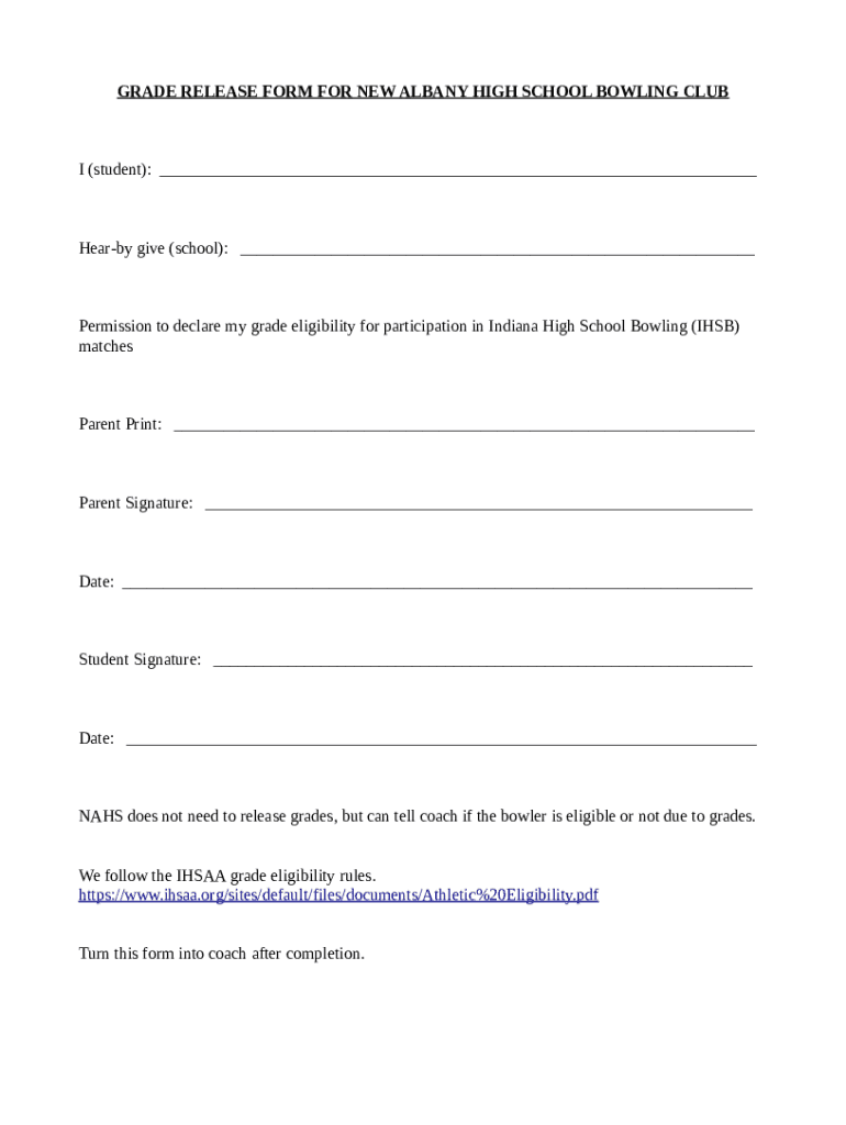 Fillable Online grade release form for new albany high school bowling club Fax Email Print ...
