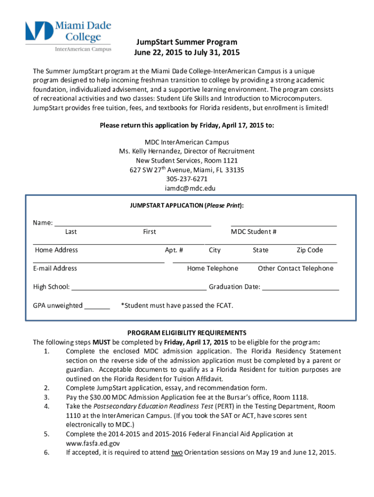 Fillable Online Jump Start at Wolfson: for First-time-in-college ...
