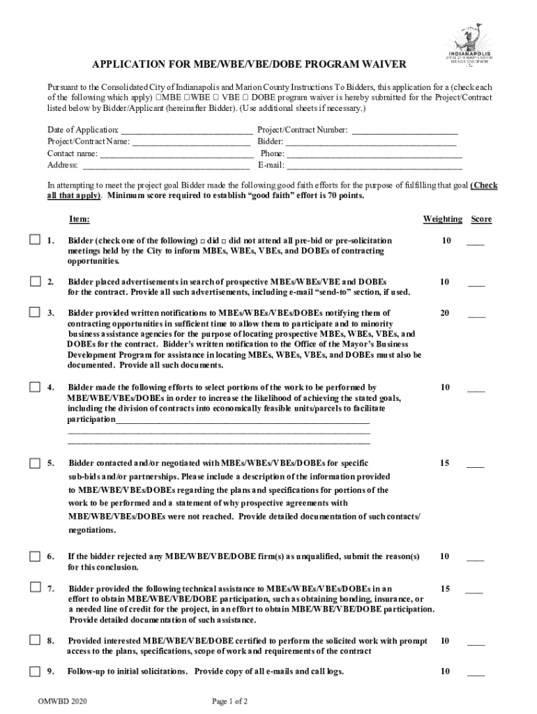 Fillable Online APPLICATION FOR MBE/WBE/VBE/DOBE PROGRAM ... Fax Email ...