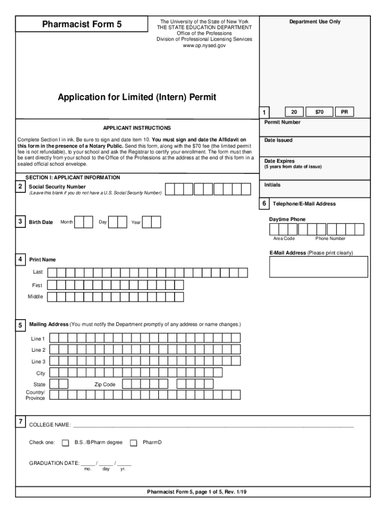 Fillable Online Pharmacy Form 5. Application for Limited (Intern ...