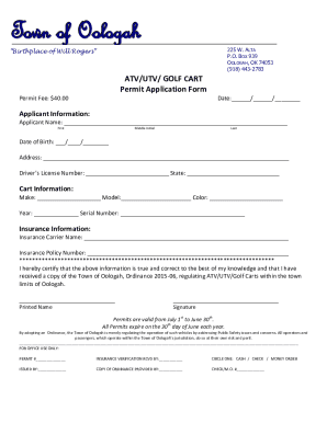 Fillable Online ATV/UTV/ GOLF CART Permit Application Form Fax Email ...