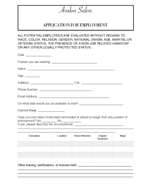 Fillable Online Employment Application - Avalon Salon Fax Email Print ...