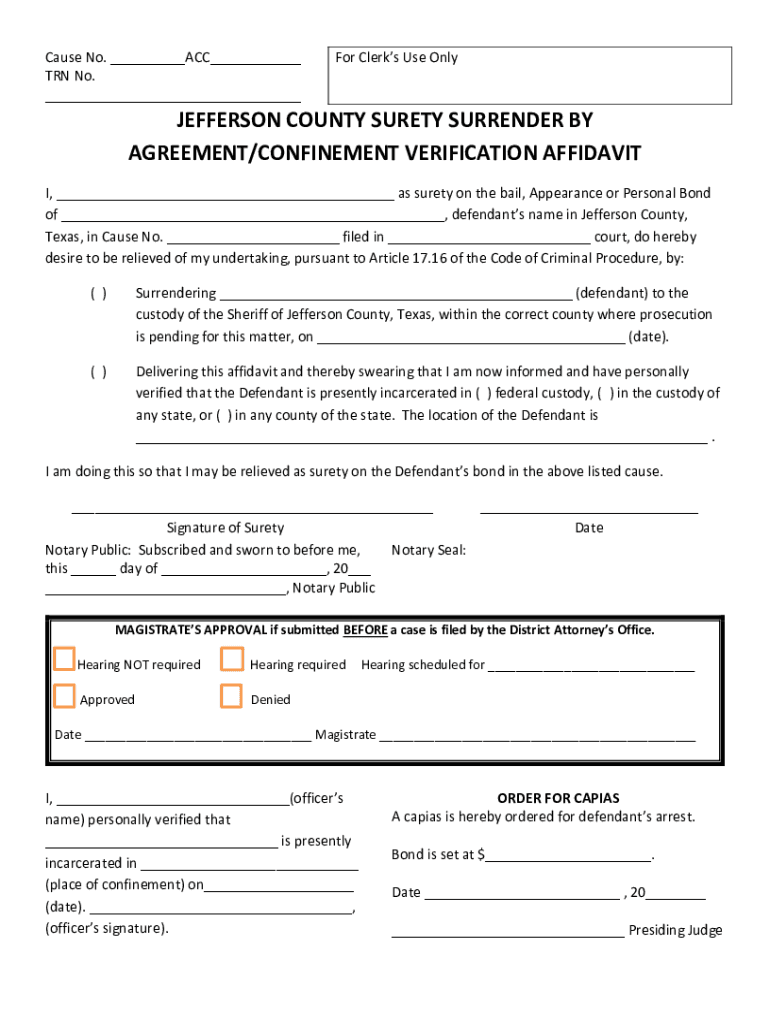 Fillable Online Affidavit to Surety for Discharge of Liability on Bond ...