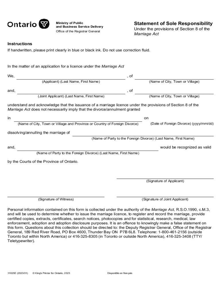 Statement Of Sole Responsibility - Marriage Act - Forms - Central: Fill ...