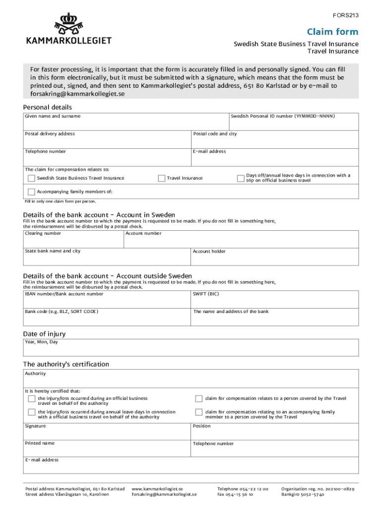 Fillable Online Claim form - Swedish State Business Travel Insurance ...