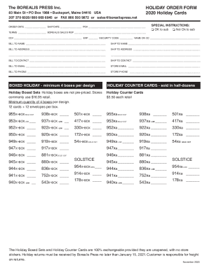 Fillable Online HOLIDAY ORDER FORM 2020 Holiday Cards - Borealis Press ...