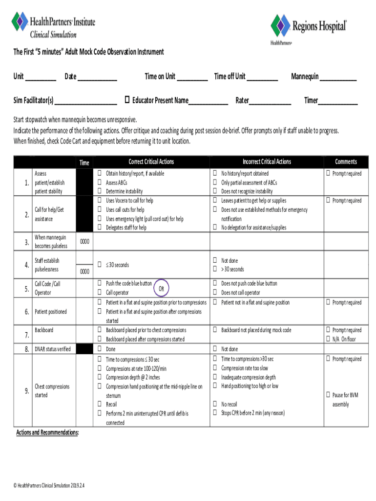 Fillable Online Mock Code A Code Blue Scenario Requested By And 4583