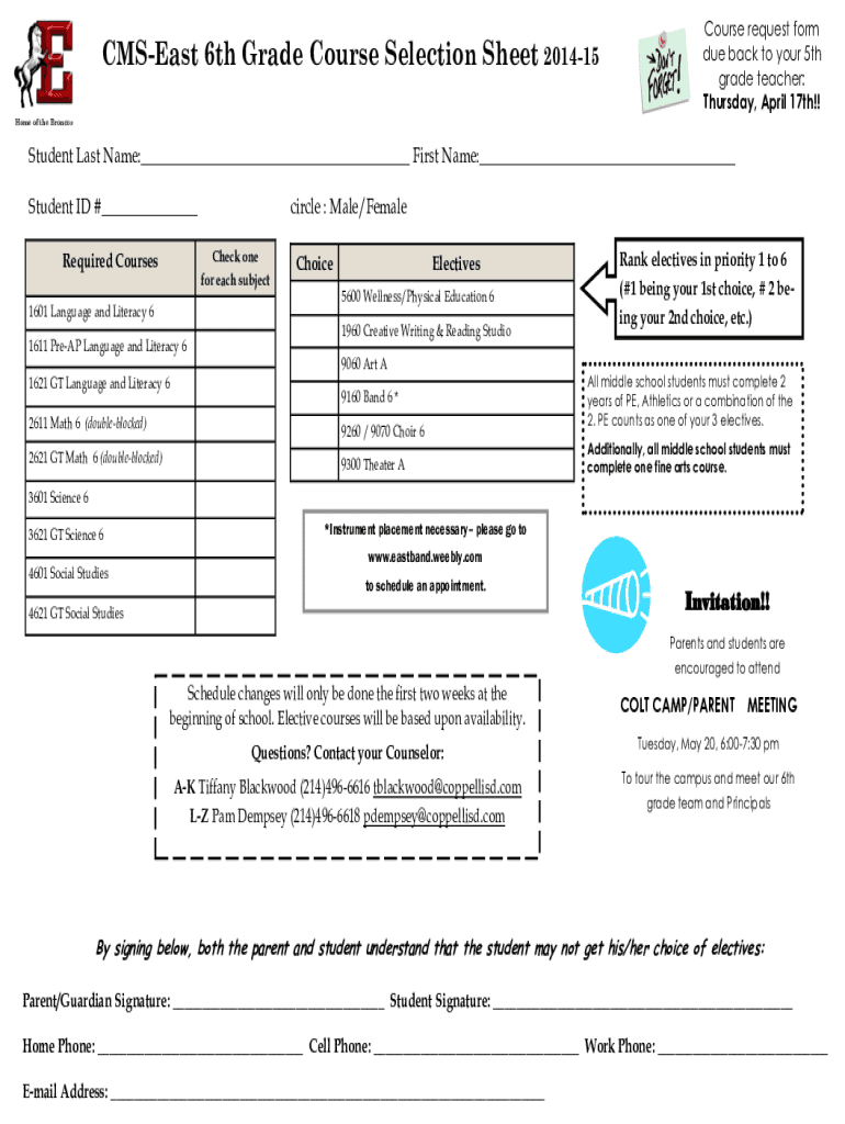 Fillable Online CMS-East 6th Grade Course Selection Sheet 2016-17 Fax Email Print - pdfFiller