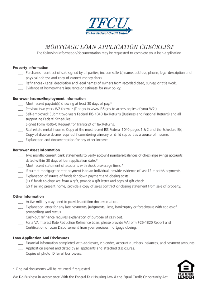 Fillable Online MORTGAGE LOAN APPLICATION CHECKLIST Fax Email Print ...
