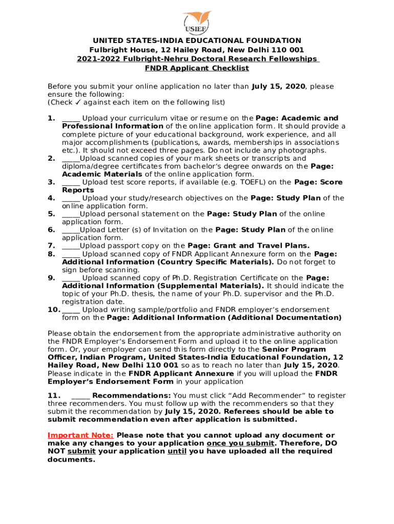 Fulbright-Nehru Open Study/Research Award Doc Template | pdfFiller