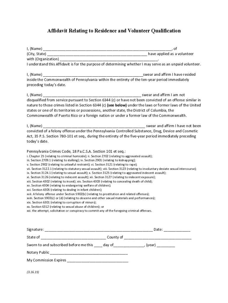 Fillable Online ACT 153 VOLUNTEER AFFIDAVIT Commonwealth of ... Fax ...