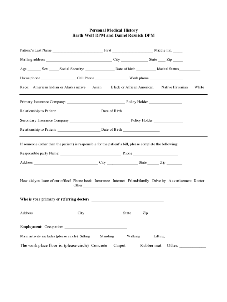 Fillable Online Personal Medical History Barth Wolf DPM and Daniel ...