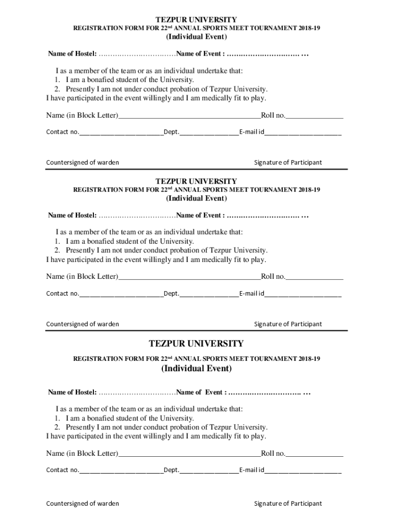 Fillable Online TEZPUR UNIVERSITY REGISTRATION FORM FOR 22nd ... Fax ...