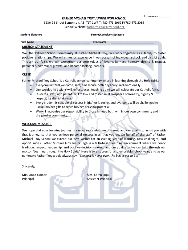 Fillable Online Father Michael Troy Student Handbook and Code of ...