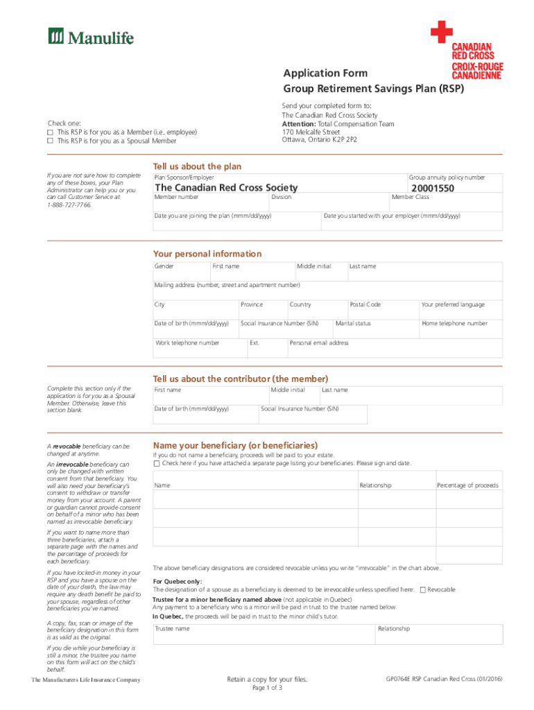 Fillable Online Application Form Group Retirement Savings Plan (RSP ...