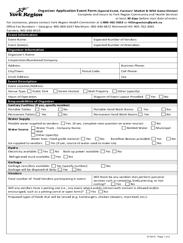 Fillable Online Special Event/Farmers Market Event Organizer ...