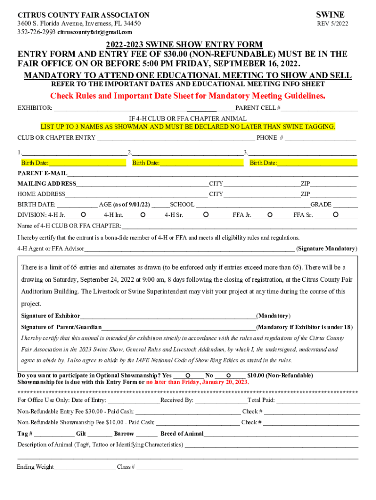 Fillable Online 2022-2023 open youth dairy and meat goat show entry ...