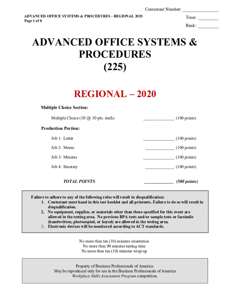 Fillable Online ADVANCED OFFICE SYSTEMS & PROCEDURES - REGIONAL 2020 ...