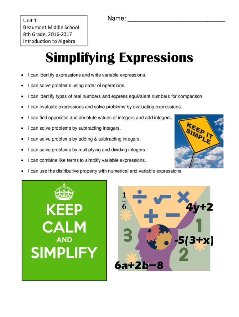 Fillable Online I can identify expressions and write variable ...