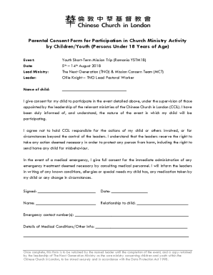 Fillable Online Parental Consent Form for Participation in Church ...
