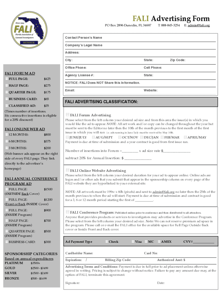 Fillable Online FALI Advertising Form Fax Email Print - pdfFiller