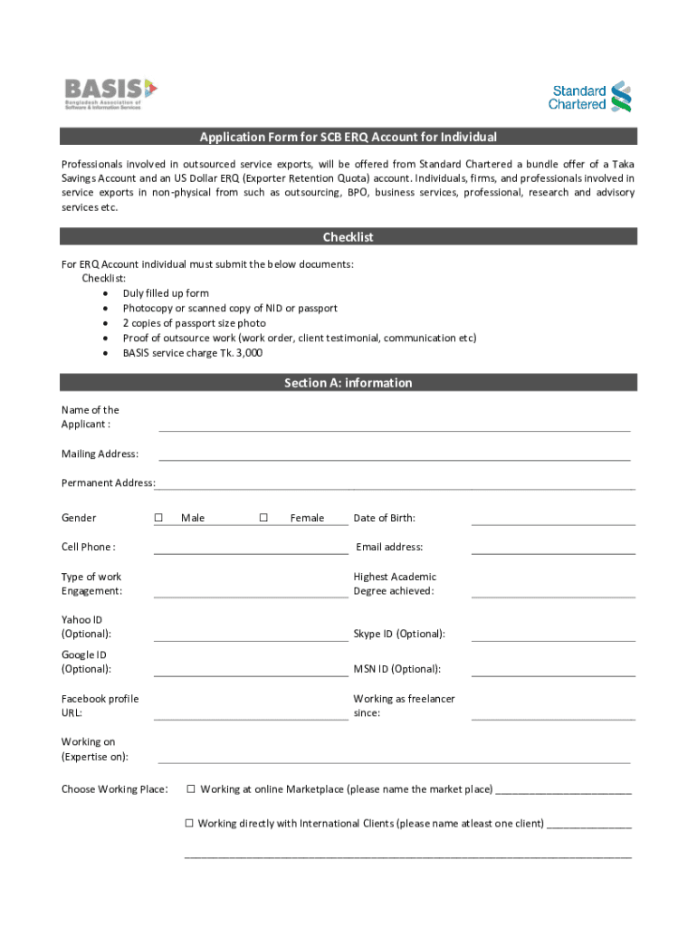 Fillable Online basis org Application Form for SCB ERQ Account for Company - Dhaka Fax Email ...