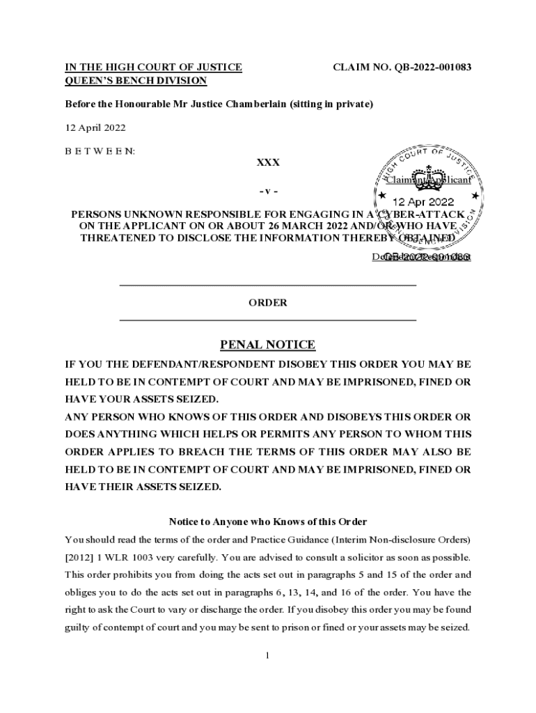 Fillable Online IN THE HIGH COURT OF JUSTICE ..Claim No. QB-2022 ...