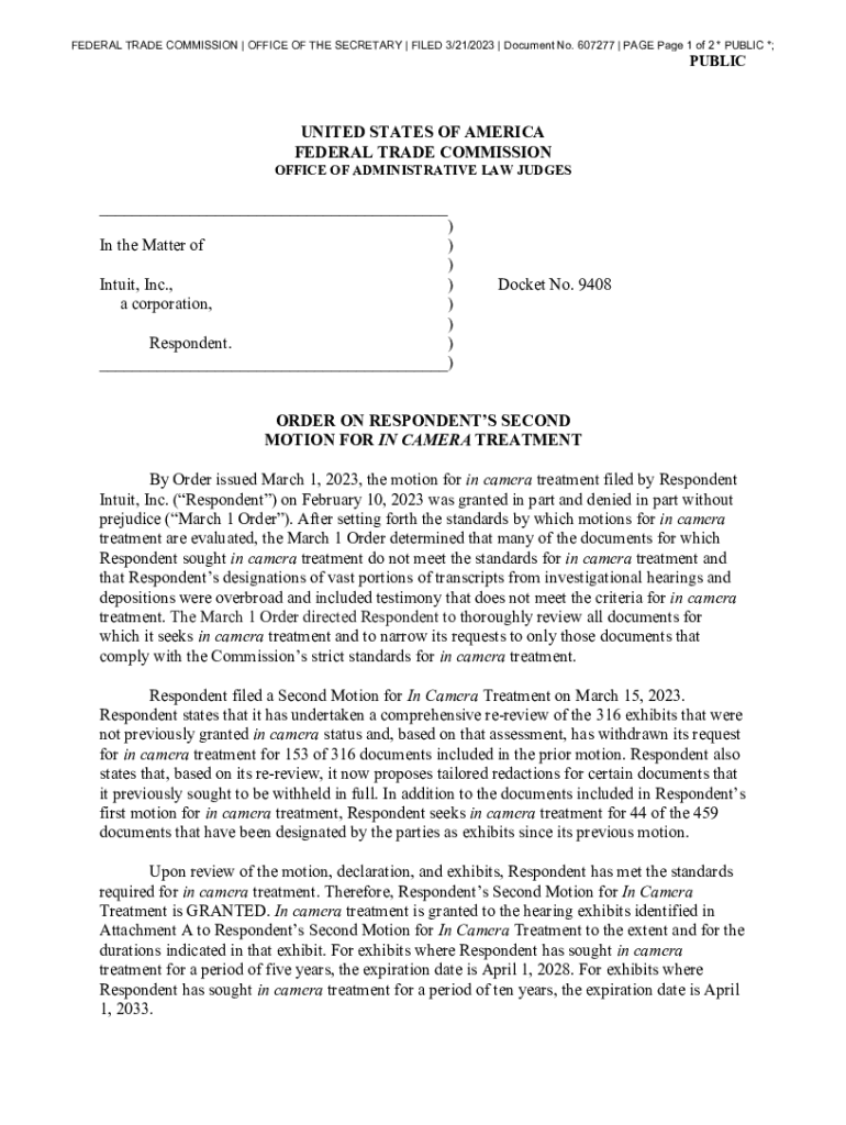 Fillable Online Order on Respondent's Second Motion for In Camera ...