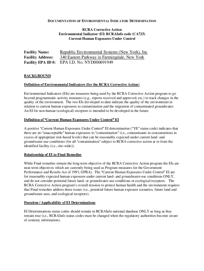 Fillable Online Documentation of Environmental Indicator Determination - Republic Environmental ...