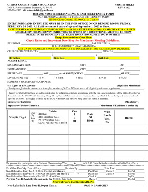 Fillable Online 2022-2023 youth breeding ewe & ram sheep entry form Fax ...