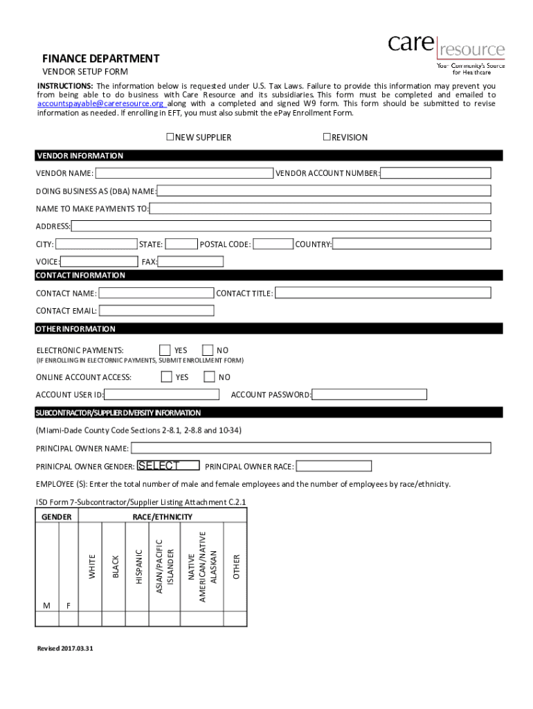 Fillable Online VENDOR SETUP FORM Fax Email Print - pdfFiller