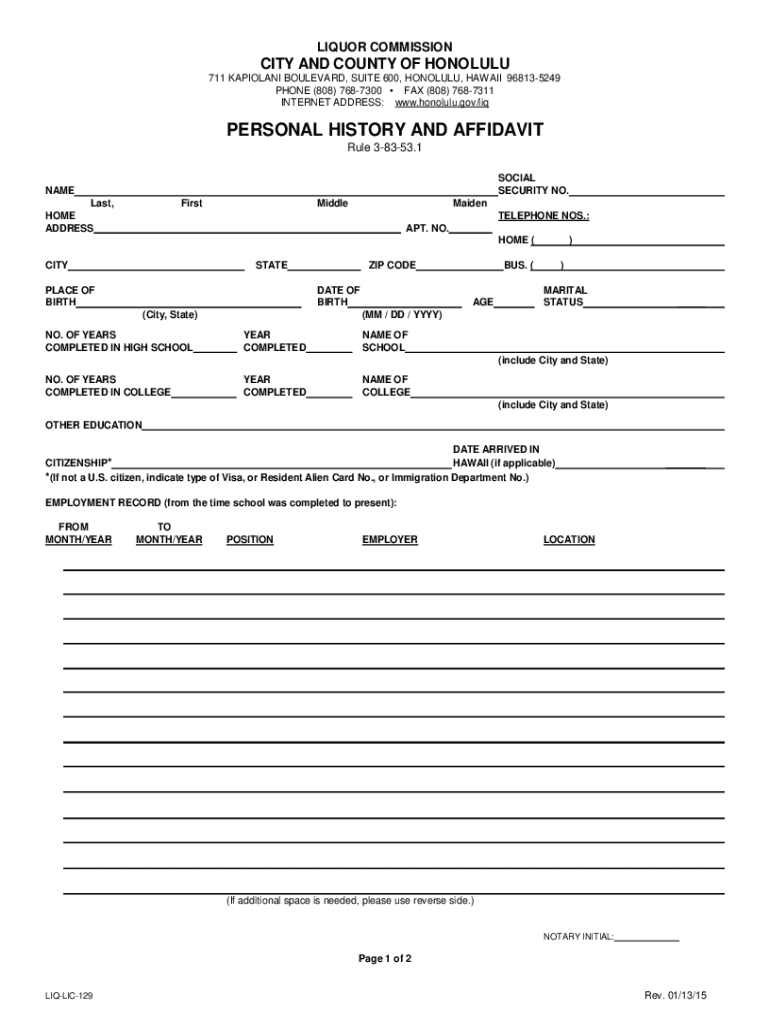 Fillable Online LIQ-LIC-129 Personal History and Affidavit Fax Email ...