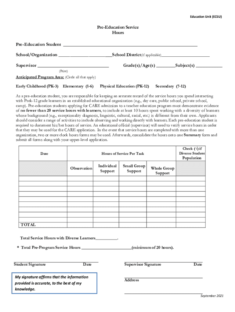 Fillable Online Eastern pre-education service clock form REV April 2021.docx Fax Email Print ...