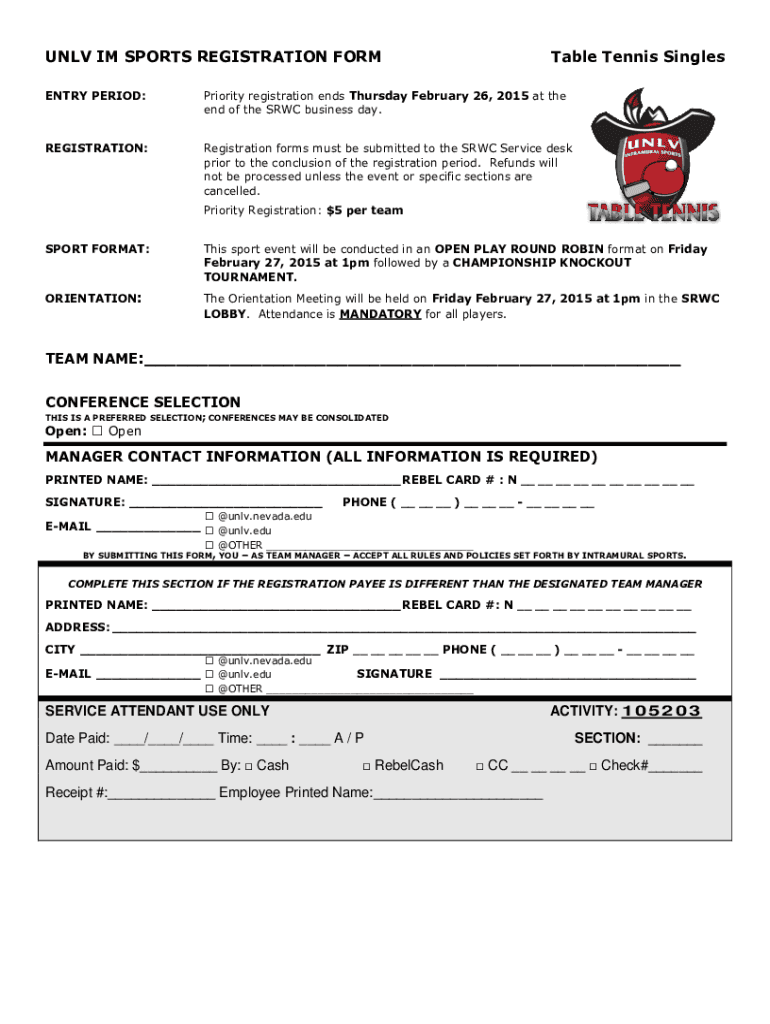 Fillable Online UNLV IM SPORTS REGISTRATION FORM Table Tennis ... Fax ...