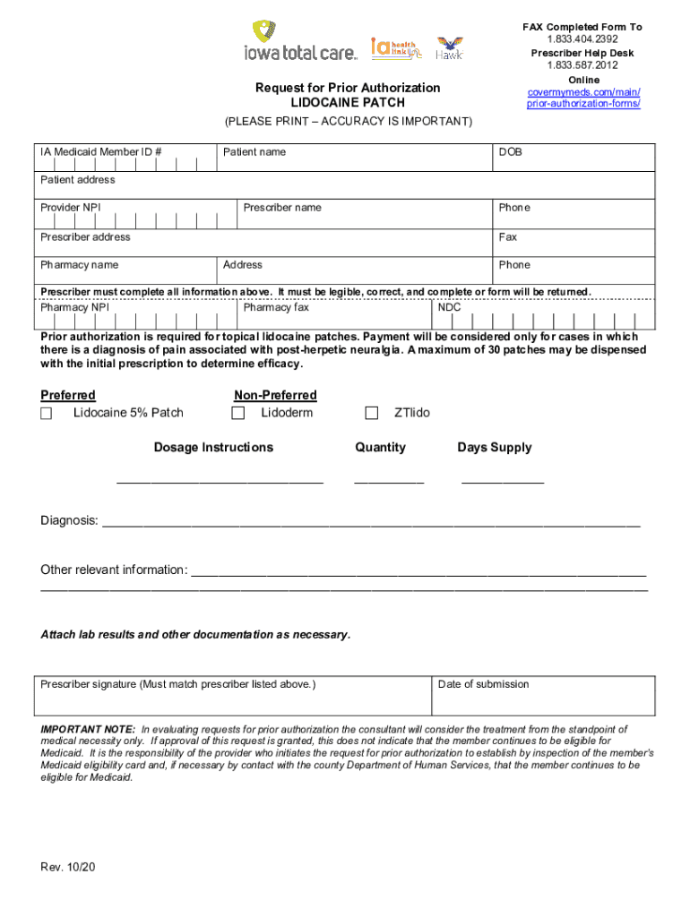 Fillable Online ITC - PA - Lidocaine Patch. Request for Prior Authorization - Lidocaine Patch ...