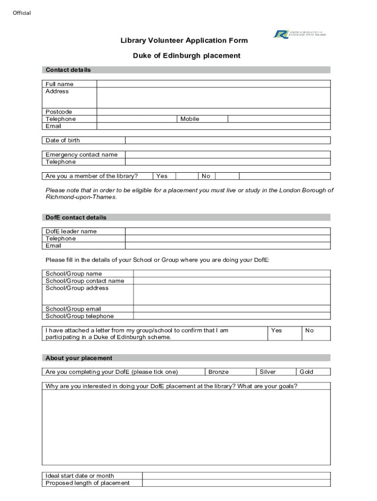 Fillable Online Library Volunteer Application Form - Duke of Edinburgh ...