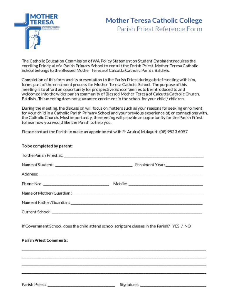 Fillable Online Get the free PARISH PRIEST REFERENCE FORM ... Fax Email Print - pdfFiller