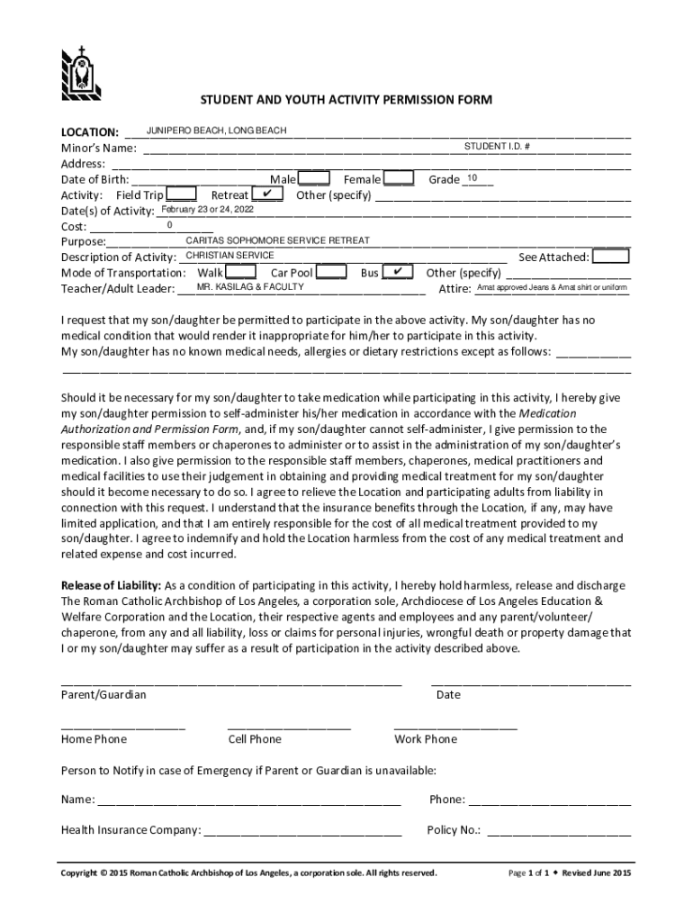 Fillable Online Student and Youth Activity Permission Form Fax Email ...