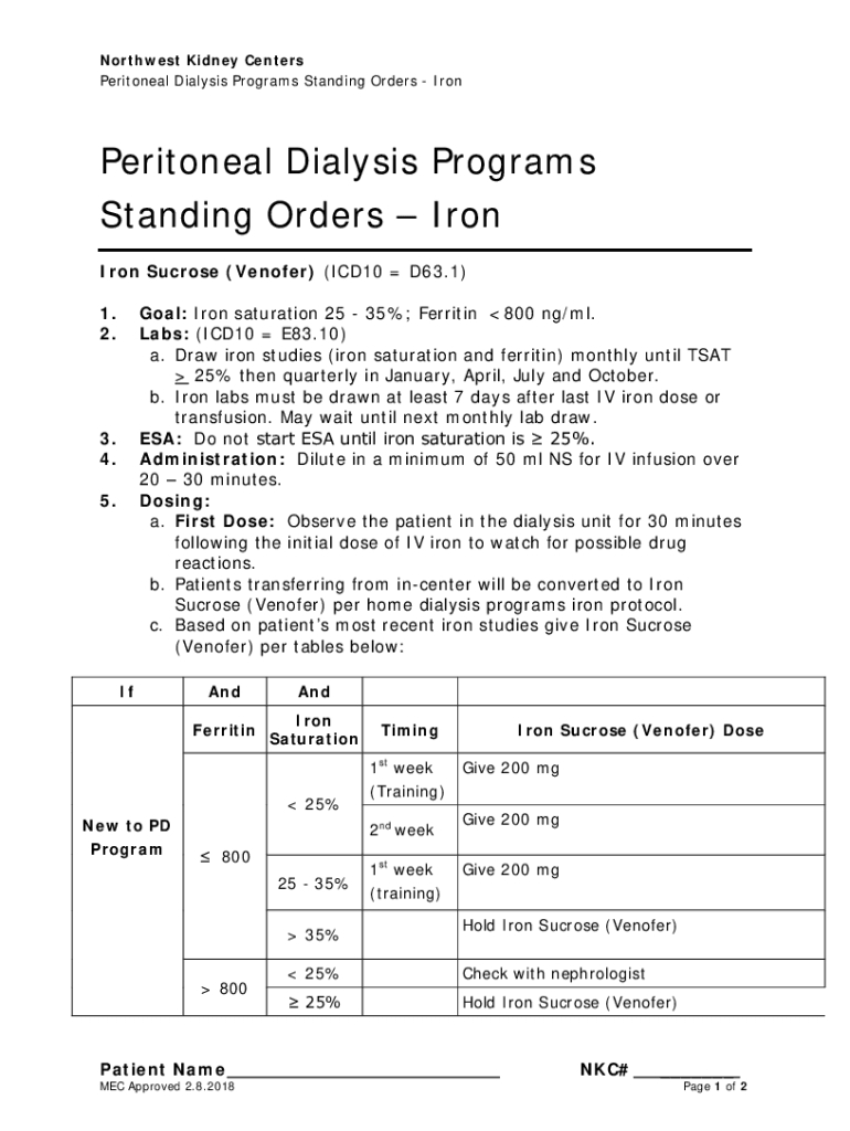 Fillable Online Peritoneal Dialysis Programs Standing Orders - Iron Fax ...