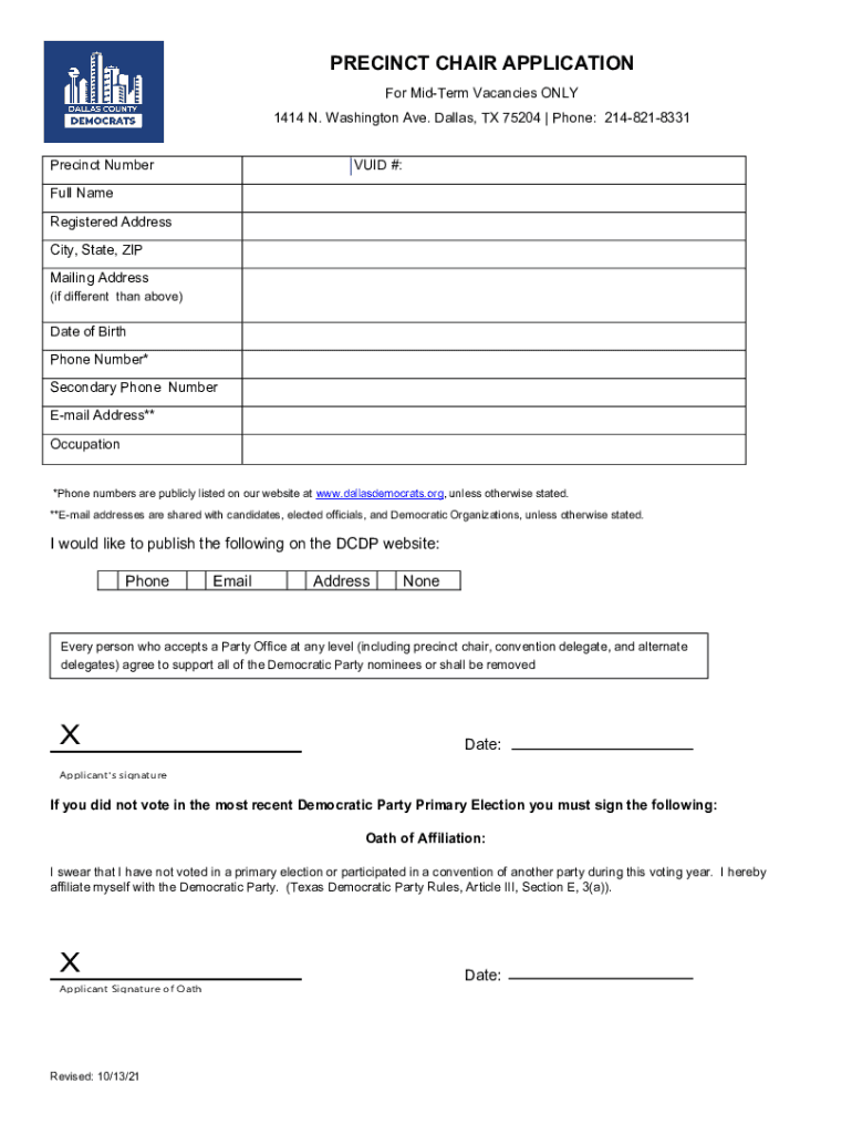 Fillable Online PRECINCT CHAIR APPLICATION - Mid Term Fax Email Print - pdfFiller