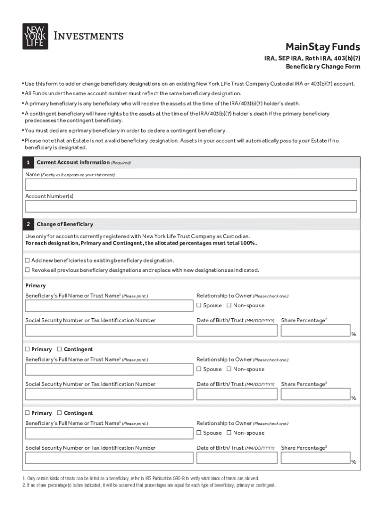 Fillable Online MainStay Funds IRA, SEP IRA, Roth IRA, 403(b)(7 ...
