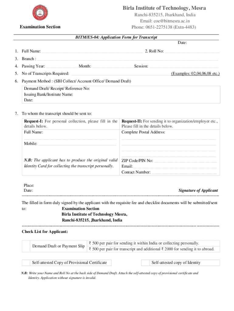 Fillable Online Birla Institute of Technology, Mesra Fax Email Print ...