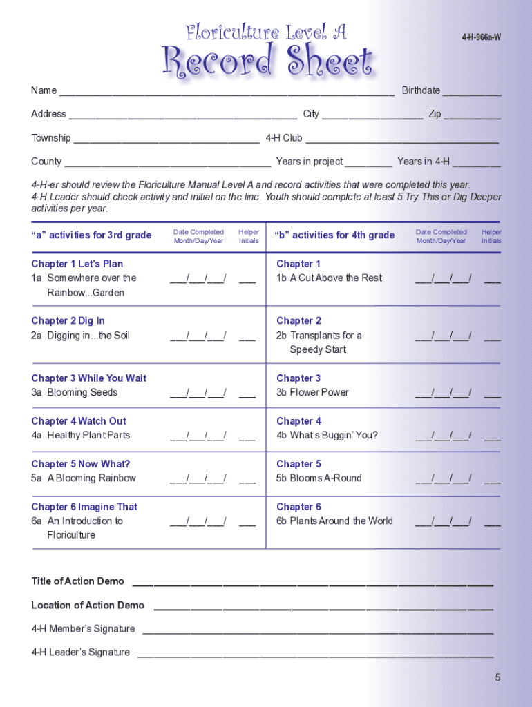 Fillable Online extension purdue Floriculture Level A - Record Sheet ...