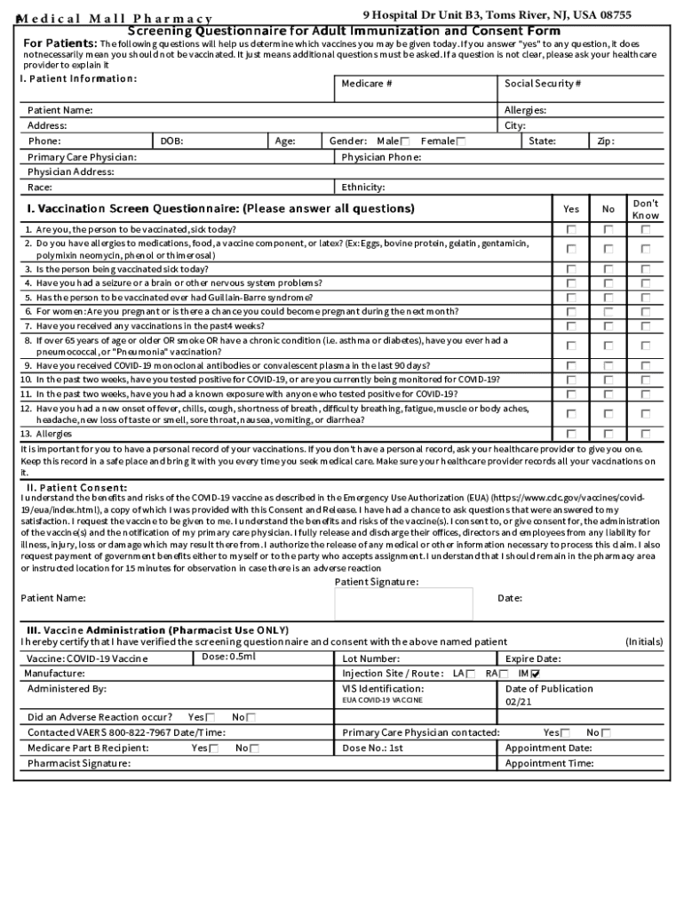 Fillable Online Screening Questionnaire for Adult Immunization and ...