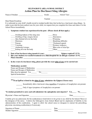 Fillable Online Bee Sting Allergy action plan updated 9-20.doc Fax ...