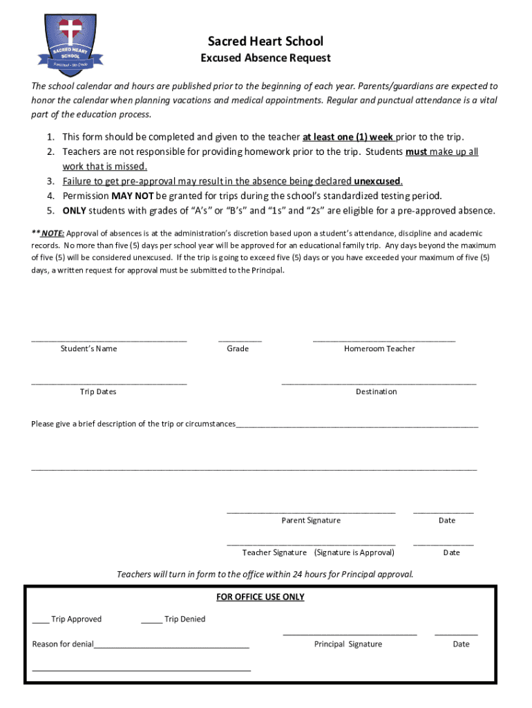 Fillable Online Excused Absence Request - Sacred Heart School Fax Email Print - pdfFiller