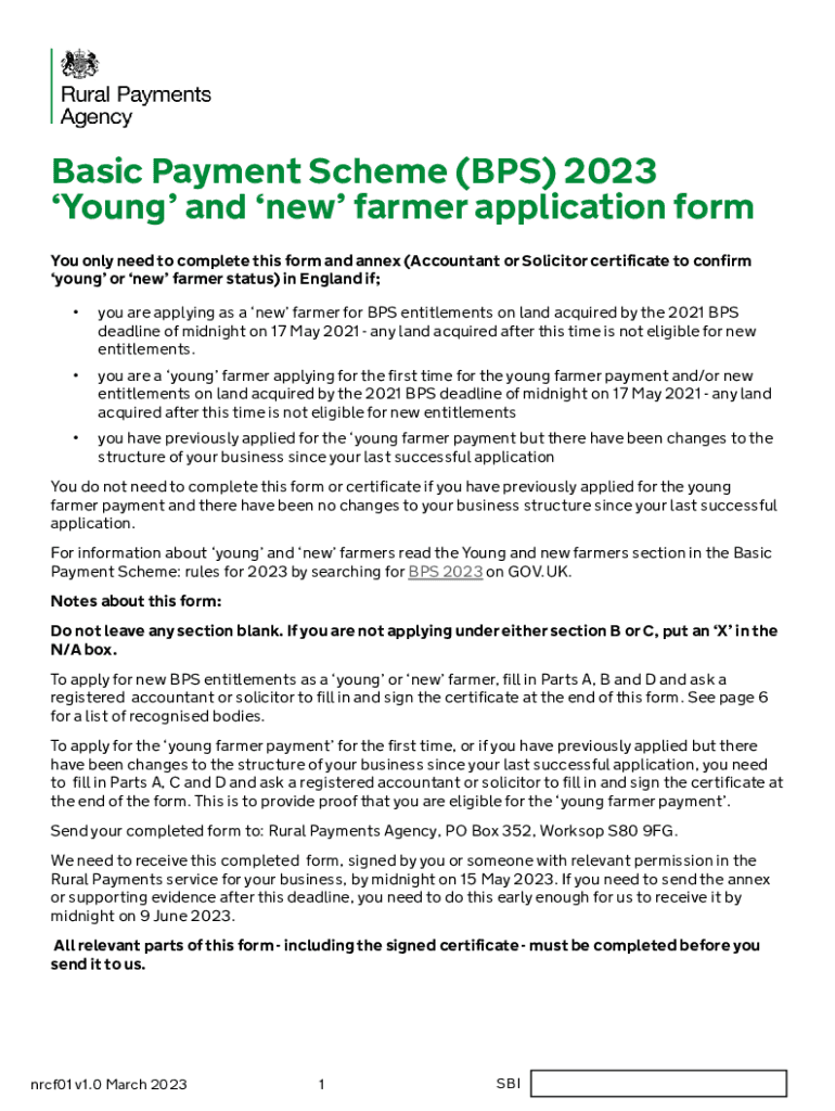 Fillable Online Young and new farmer application form: Basic Payment ...