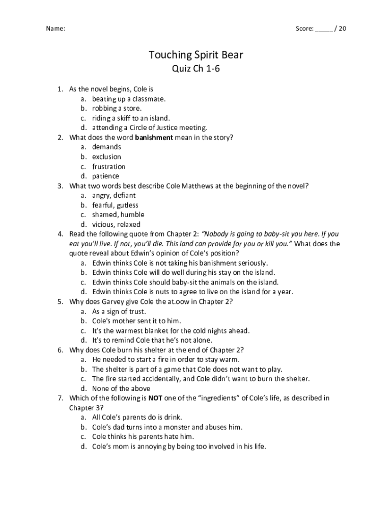 Fillable Online Touching Spirit Bear Ch 1-5 Quiz Flashcards Fax Email ...