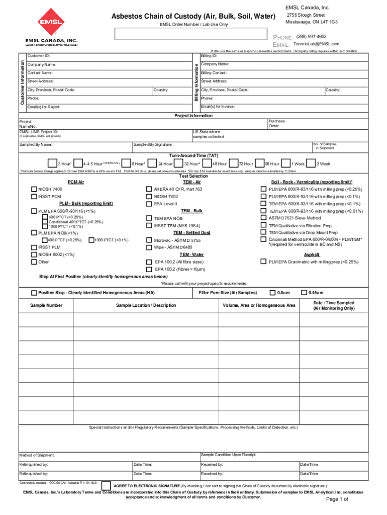 Fillable Online Asbestos Chain of Custody (Air, Bulk, Soil, Water) Fax ...