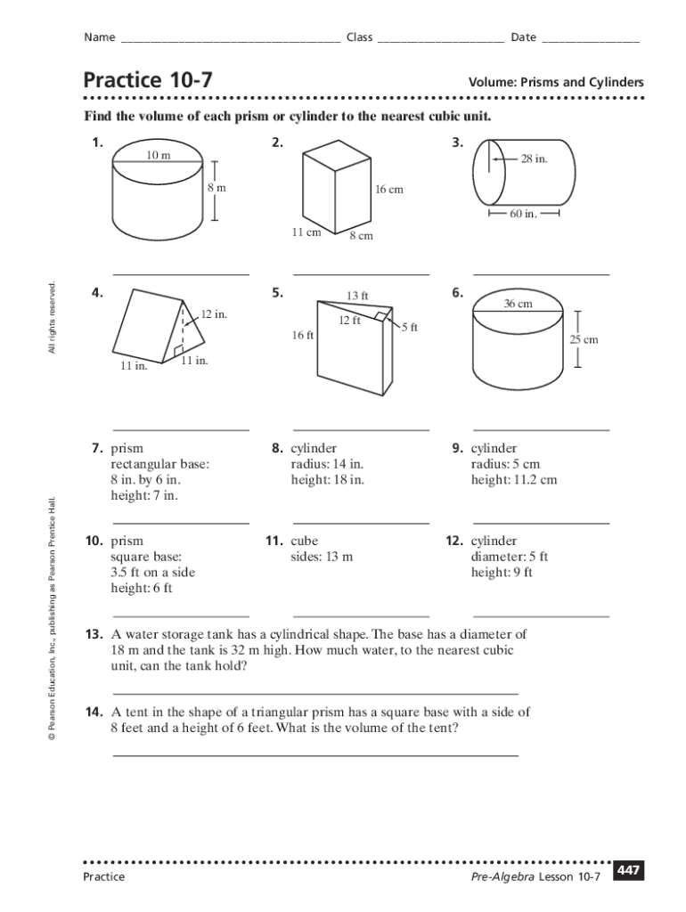 Fillable Online Practice 10 7 Volume Prisms And Cylinders Answer Key ...